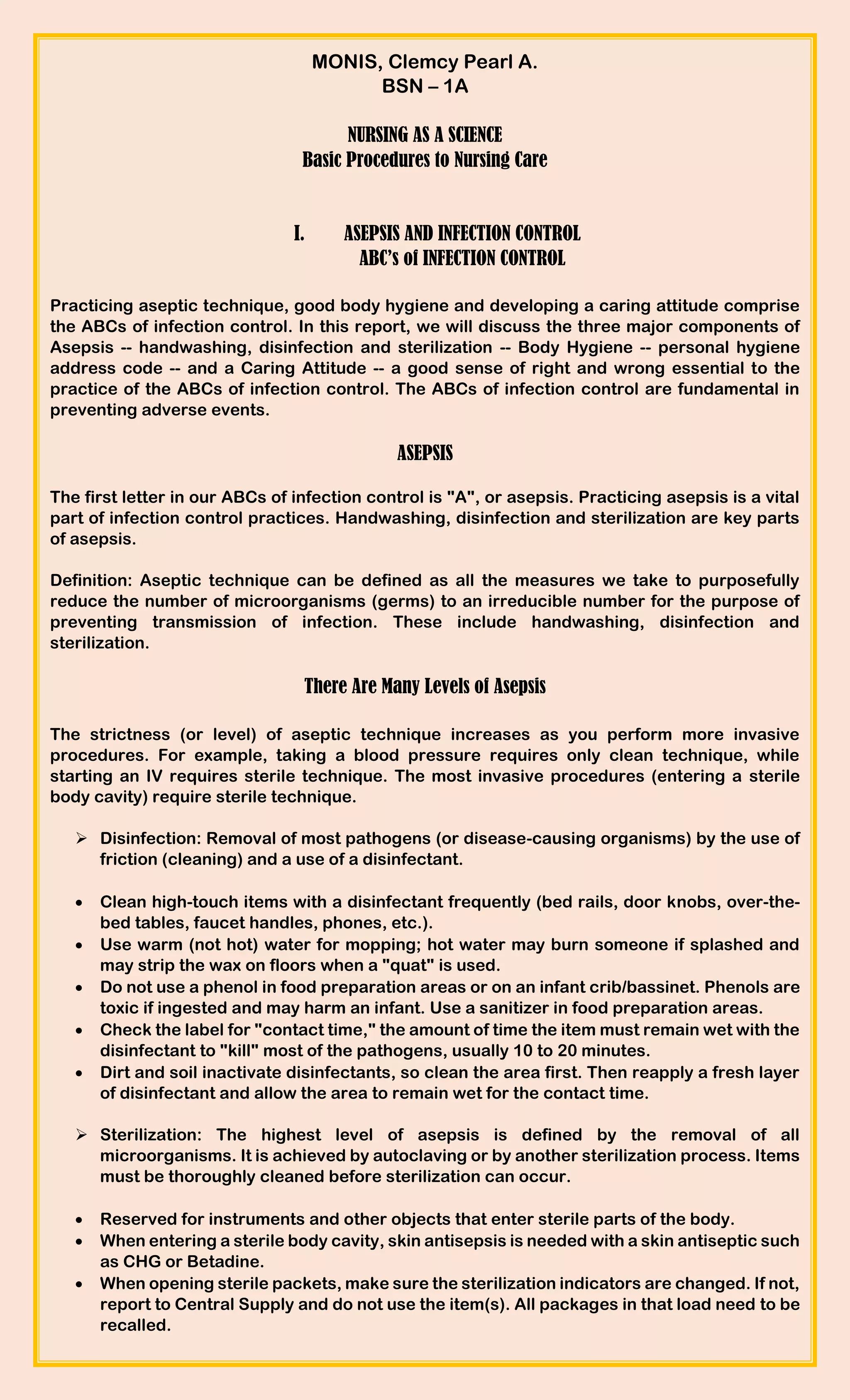 Monis, clemcy pearl a. (asepsis and infection control) | PDF