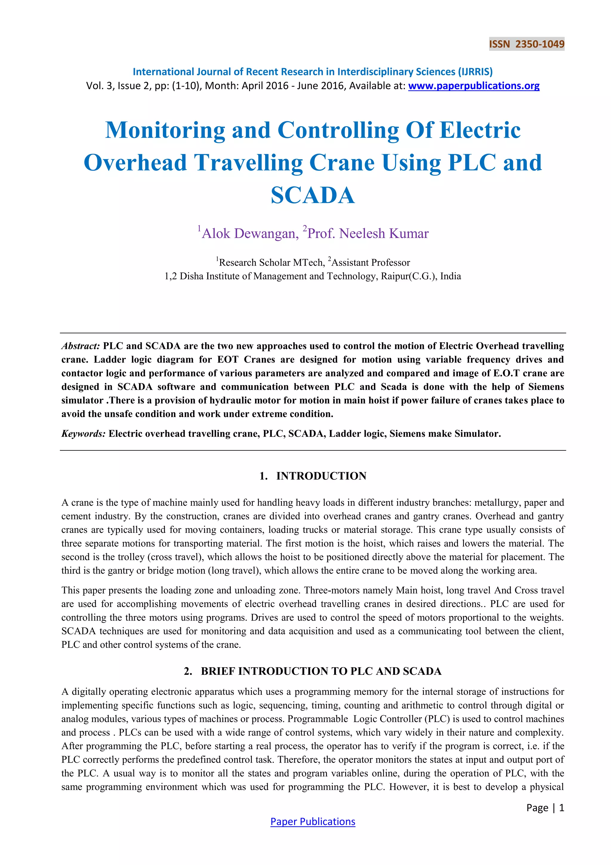 Monitoring and Controlling Of Electric Overhead Travelling Crane Using ...