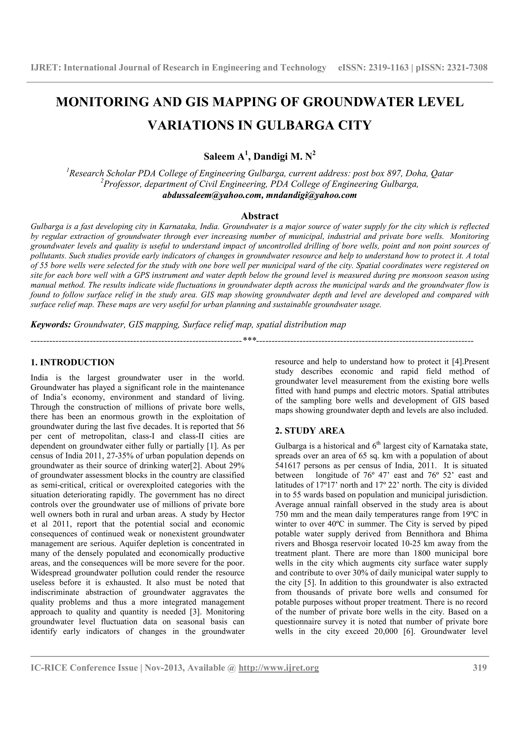 Monitoring And Gis Mapping Of Groundwater Level Variations In Gulbarga
