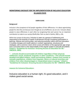 Monitoring checklist for public inclusive schools in lagos state | PDF