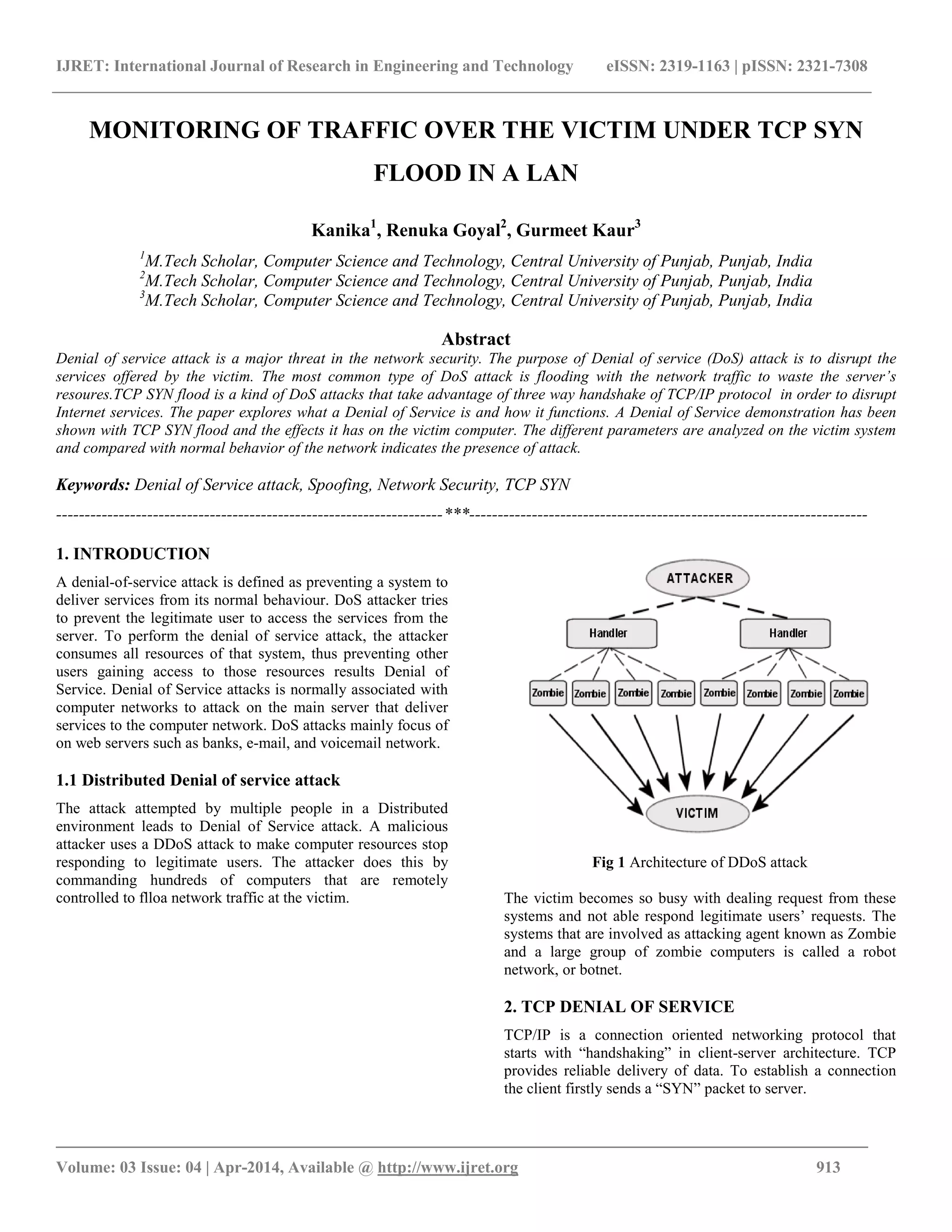 Monitoring Of Traffic Over The Victim Under Tcp Syn Flood In A Lan Pdf
