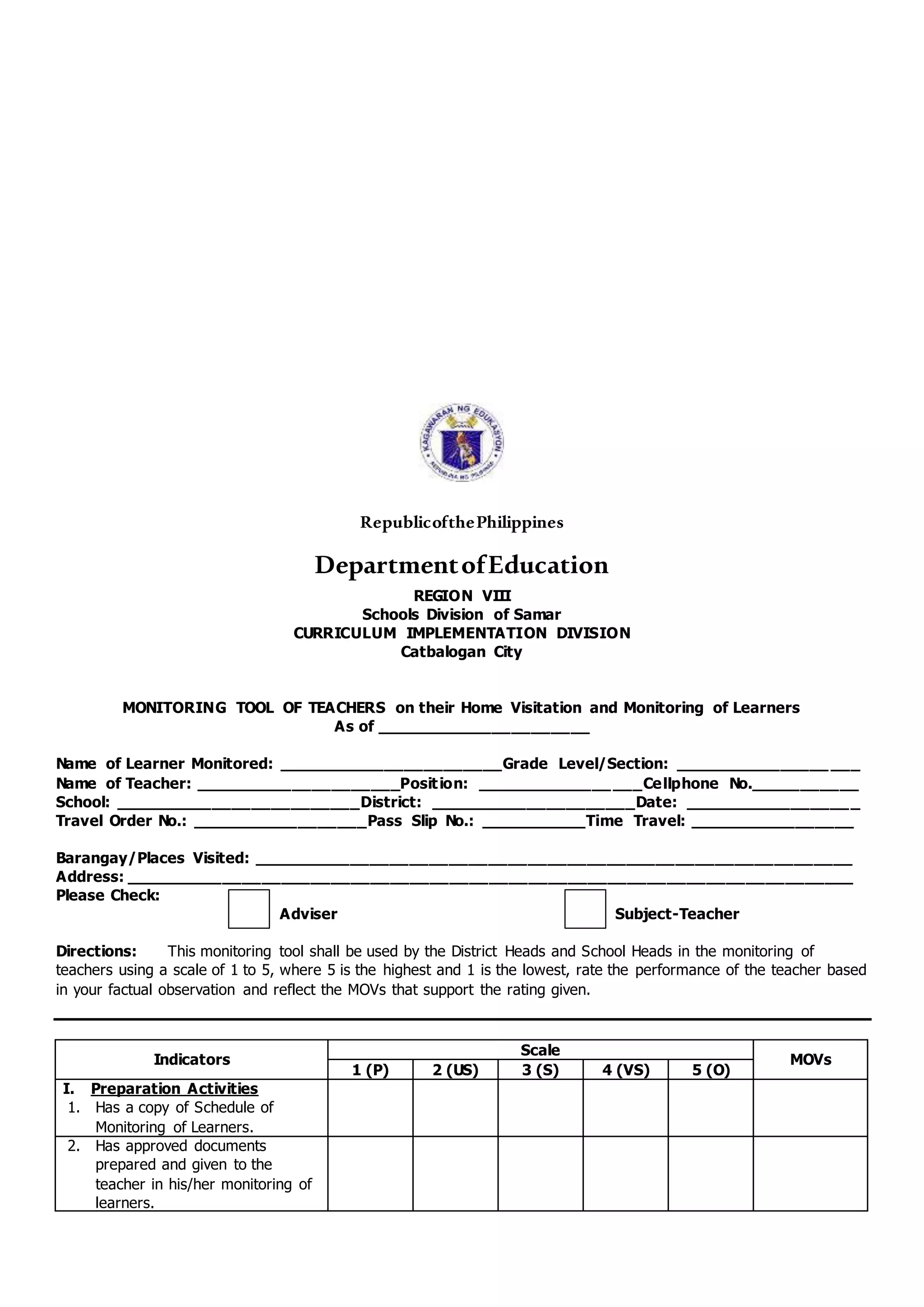 Monitoring tool to be used by school head to teacher | DOCX