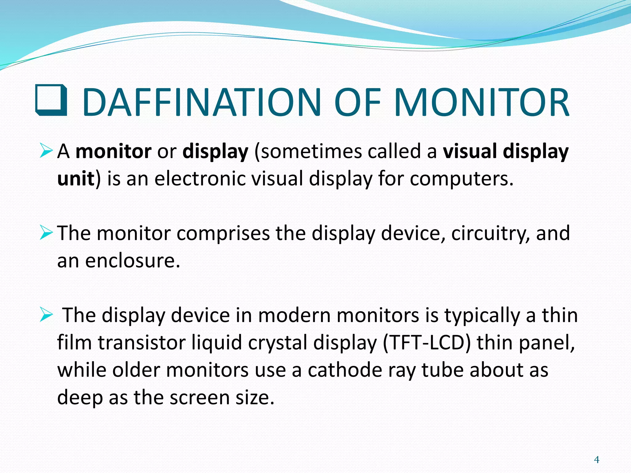 Monitor(lcd & crt) | PPTX | Computer Peripherals | Computing