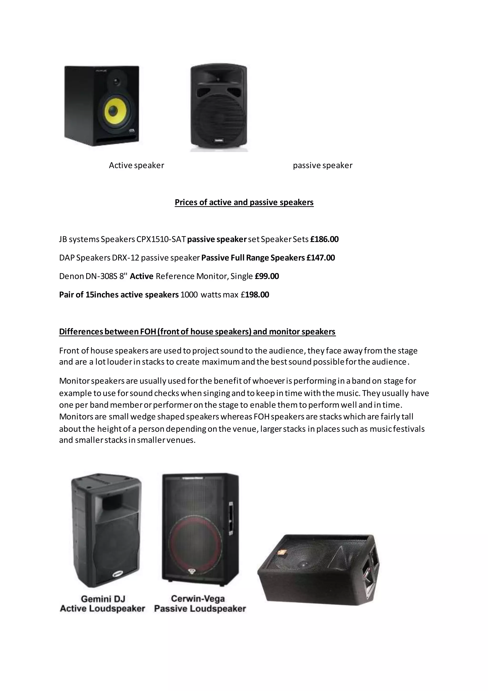Monitors, foh speakers, mi cs di boxes, speakers | DOCX