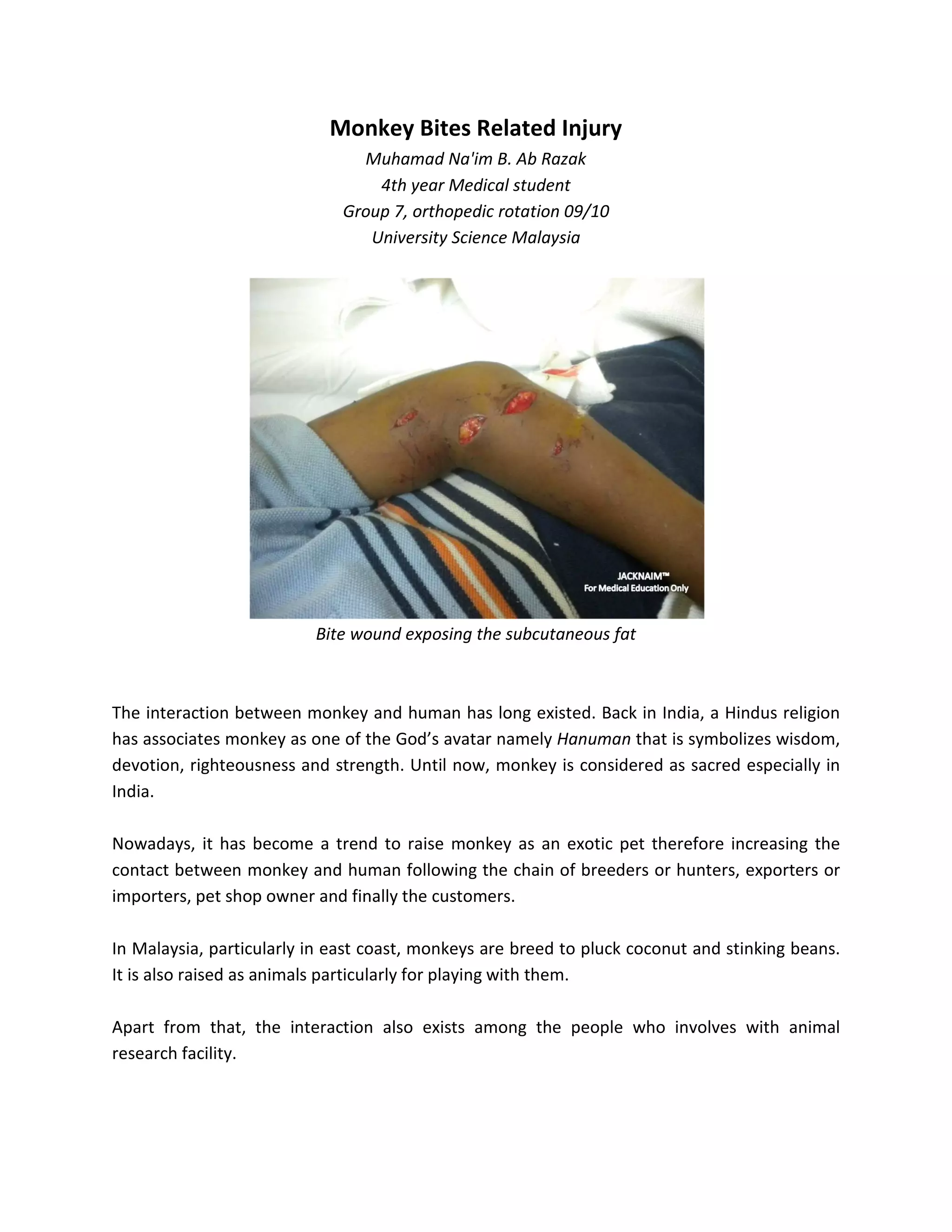 Monkey Bites Related Injury | PDF