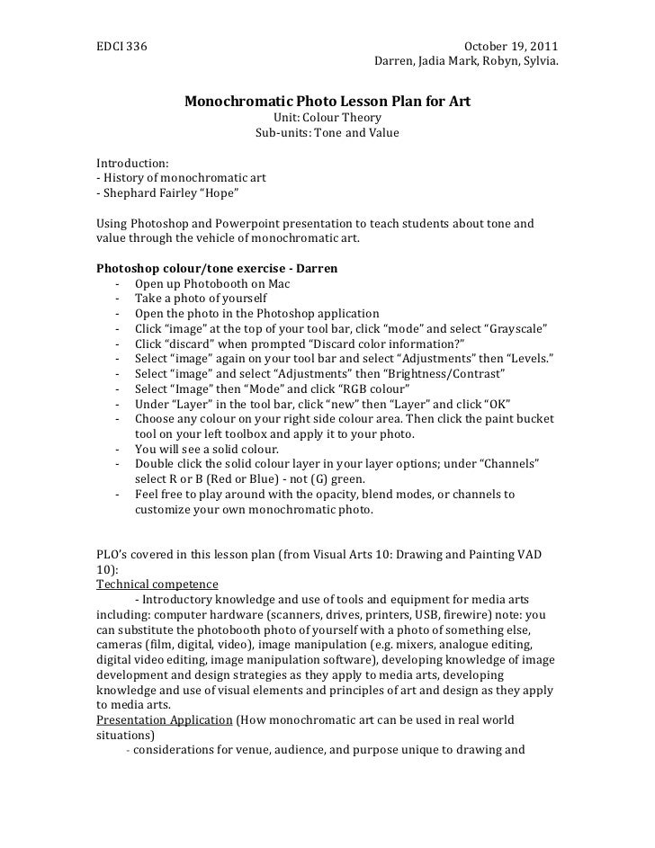 Monochromatic photo lesson plan for art