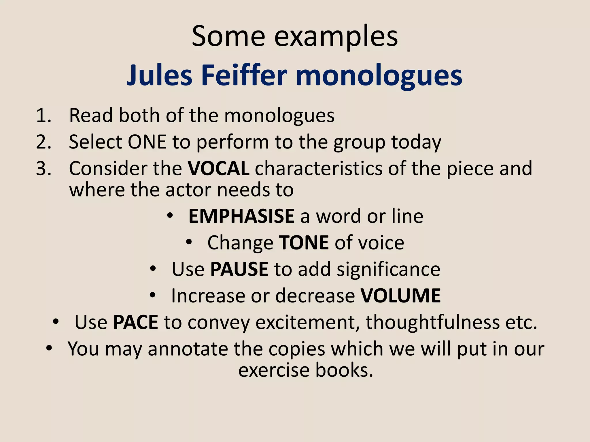 Y10 Monologues Lesson 1: Introduction/Vocal skills | PPTX
