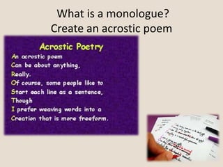 Y10 Monologues Lesson 1: Introduction/Vocal skills | PPTX