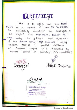 Monopoly Indian Railway - Economics Class 12 Commerce Project | PDF