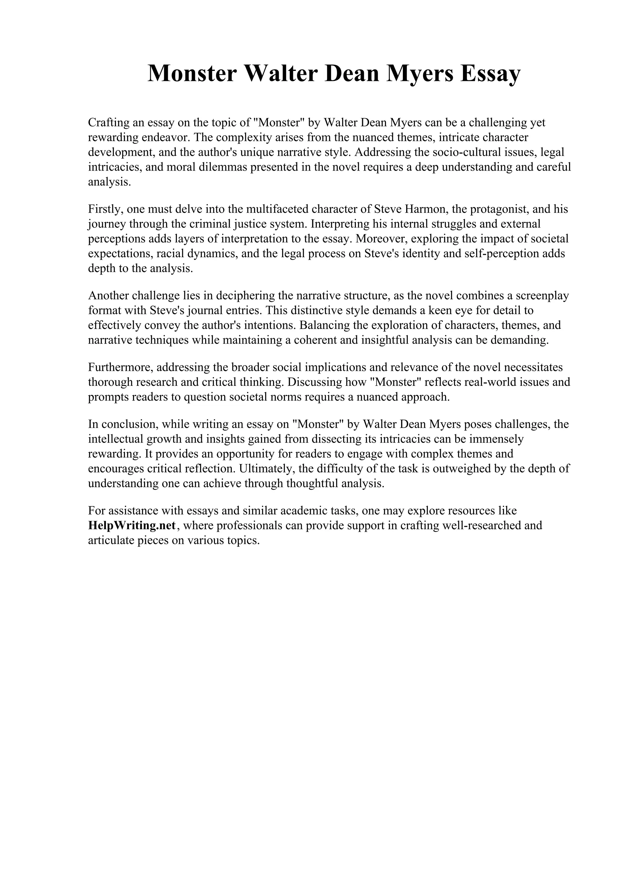 Monster Walter Dean Myers Essay. Christopher Newport University | PDF