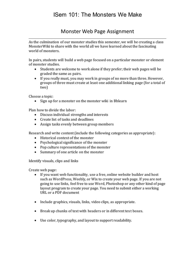 Monster web page assignment | PDF