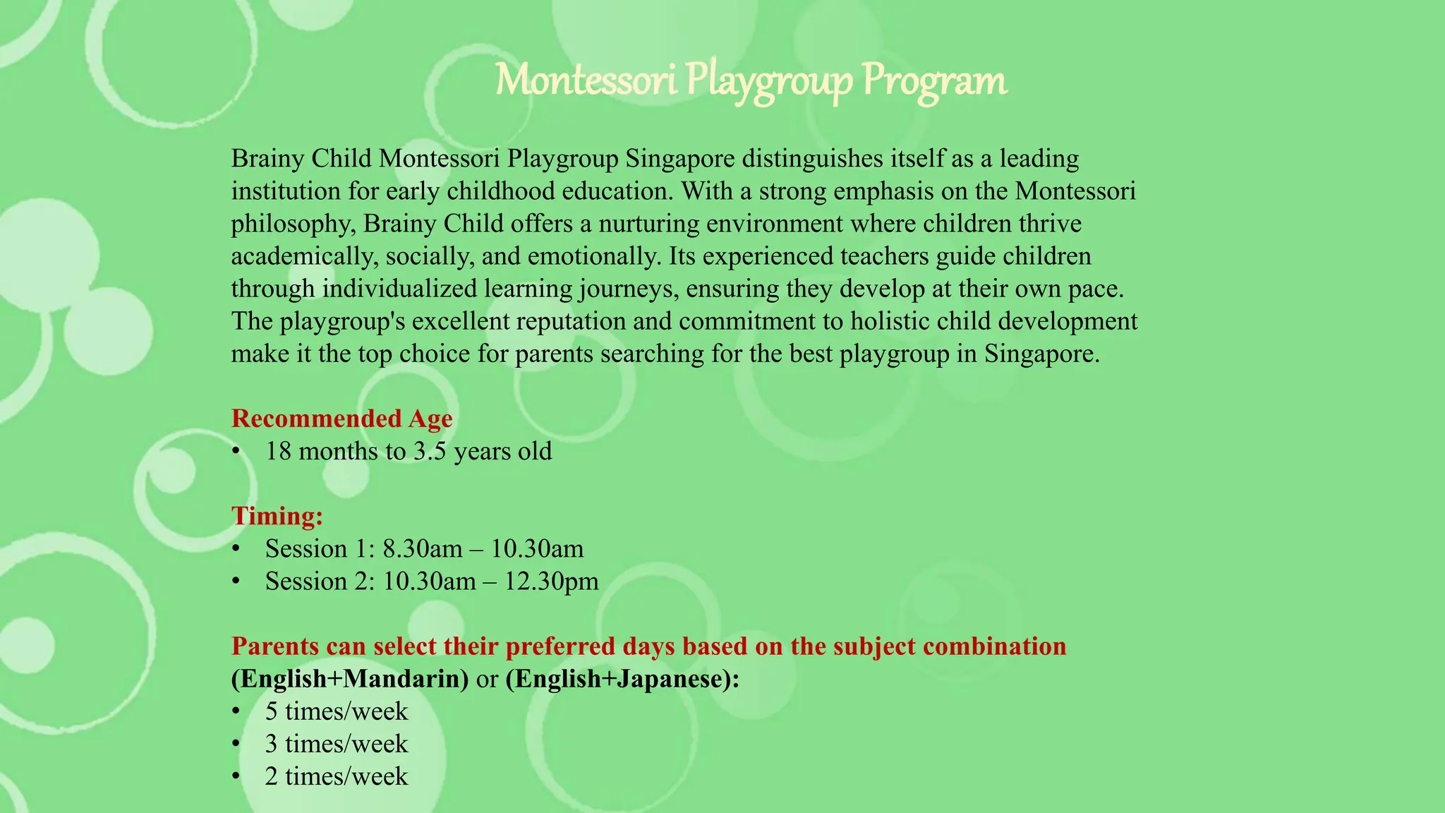 Montessori Playgroup Program in Singapore | PPT
