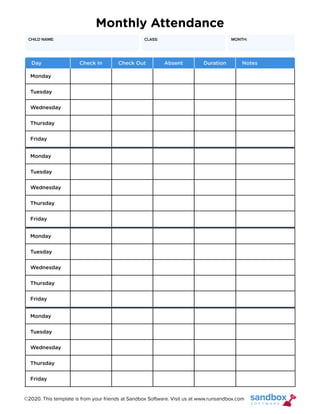 Monthly Attendance - Single Child - 5 day week | PDF