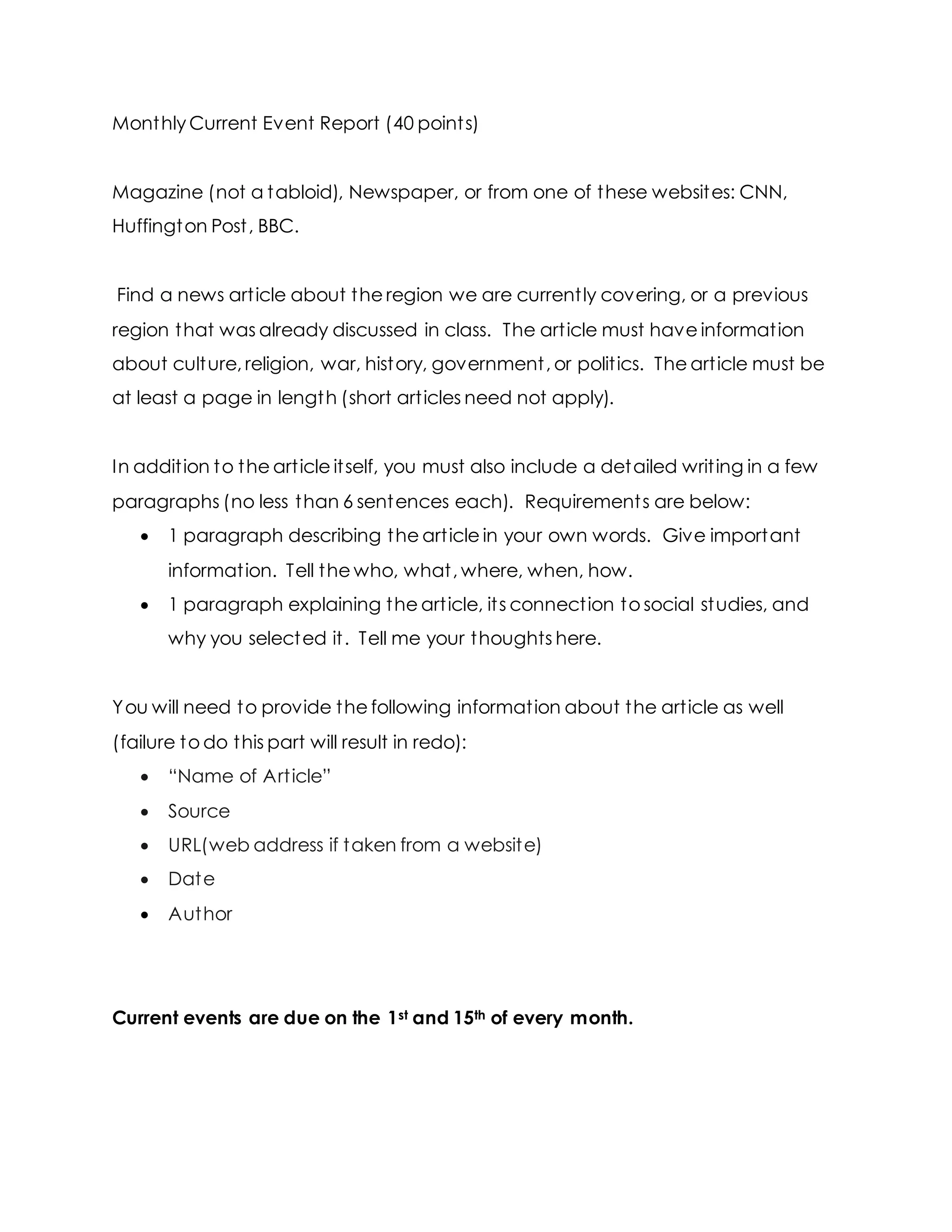 Monthly current event report update | PDF