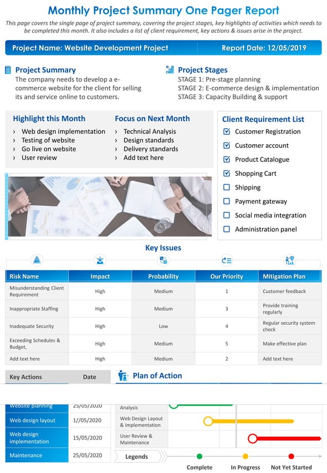 Monthly Project Summary One Pager Report Presentation Report