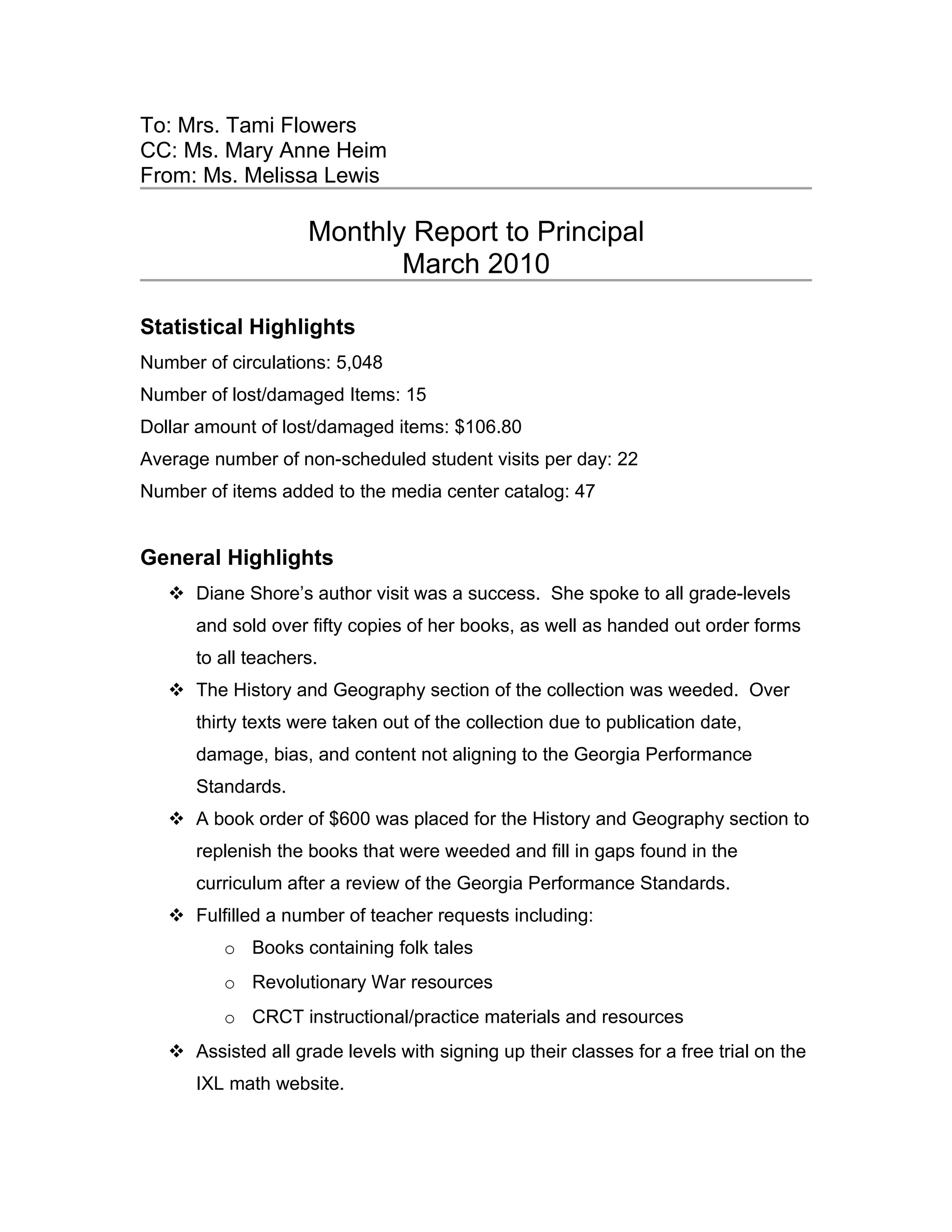 Monthly Principal Report | DOC | Education