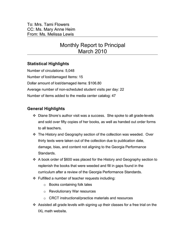 Monthly Principal Report | DOC | Education