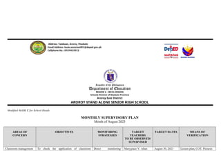MONTHLY SUPERVISORY PLAN.docx SCHOOL YEAR 2023-2024 | DOCX