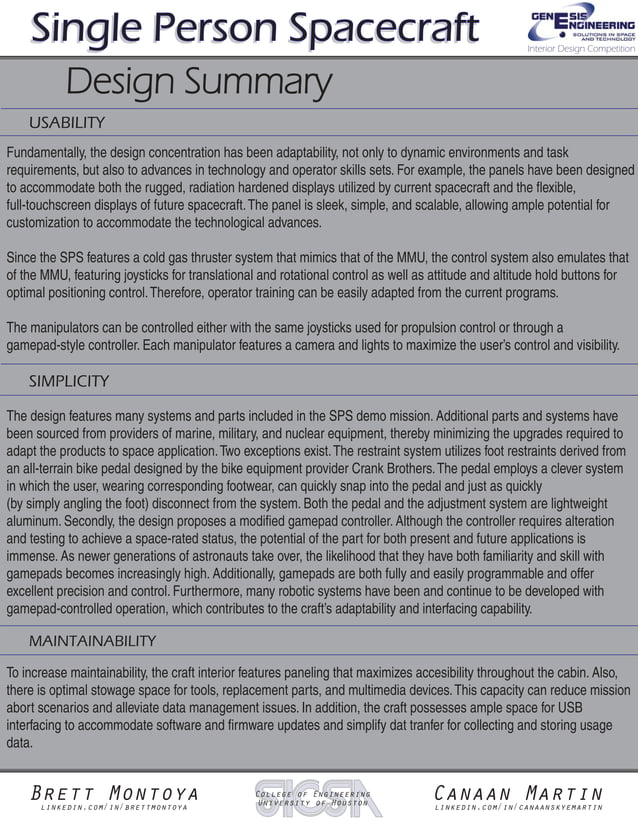 Genesis Engineering's Single Person Spacecraft Interior Design Competition | PDF