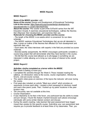 711 Mooc reports | DOCX | Workshops and Classes | Hobbies & Interests