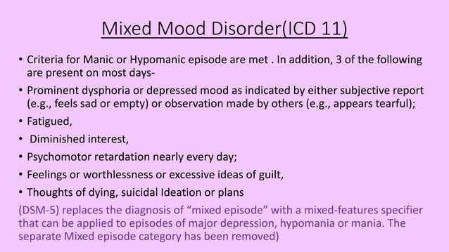 Mood disorders DSM 5 and ICD 11 | PPTX | Mental Health | Diseases and ...
