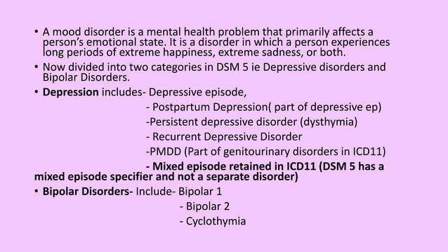 Mood disorders DSM 5 and ICD 11 | PPTX | Mental Health | Diseases and ...