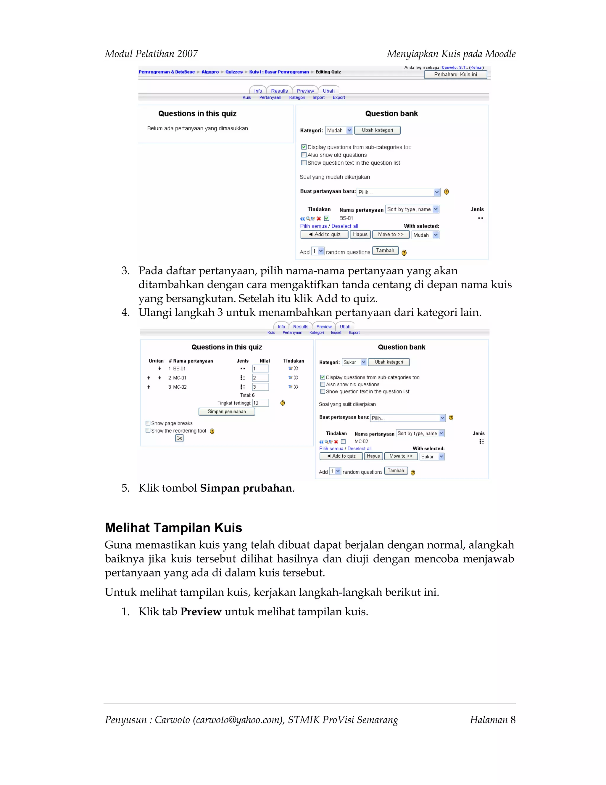 Menyiapkan Kuis pada Pembelajaran Berbasis Web Menggunakan CMS Moodle | PDF