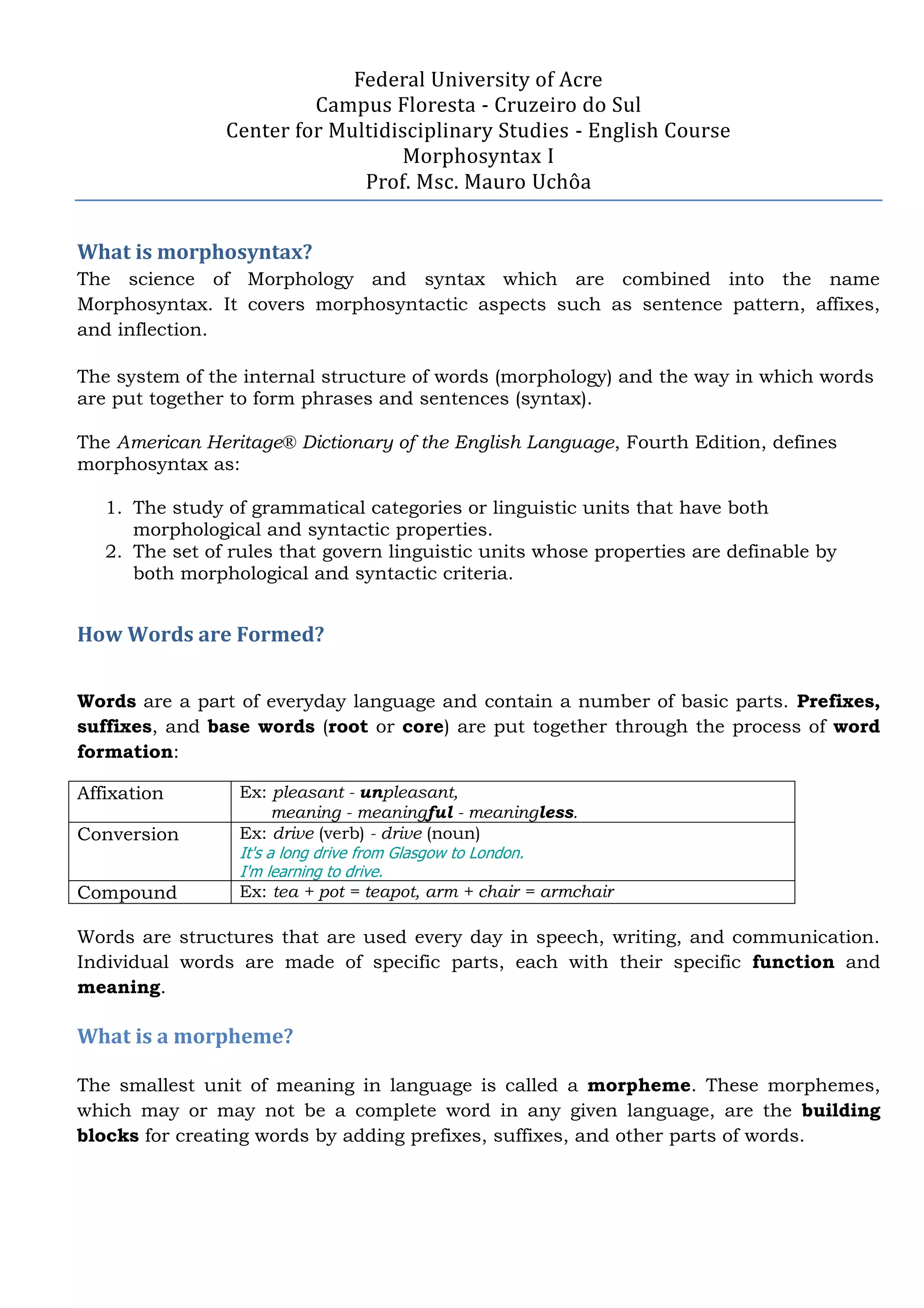 Mophosyntax - Second class handout | PDF