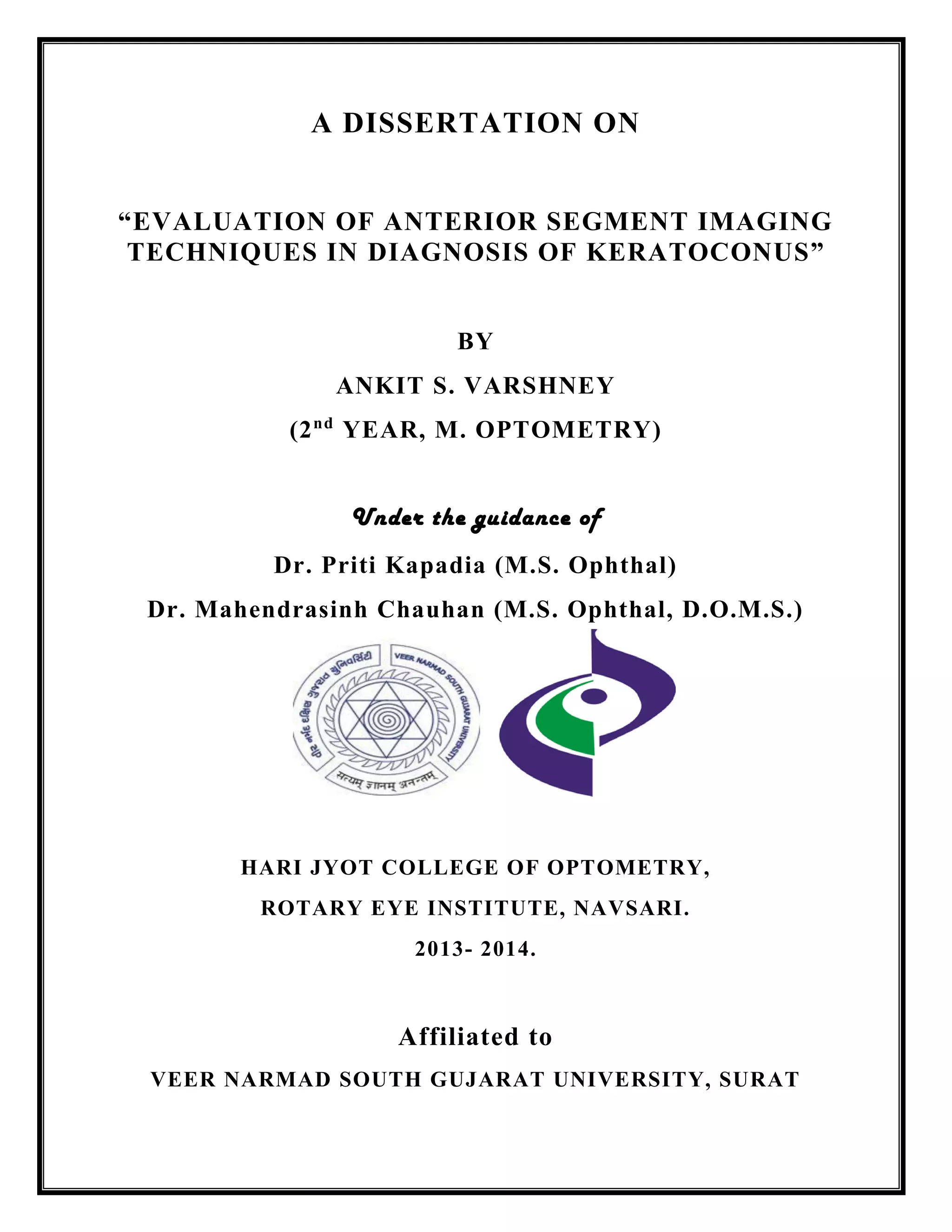 A DISSERTATION ON “EVALUATION OF ANTERIOR SEGMENT IMAGING TECHNIQUES IN ...