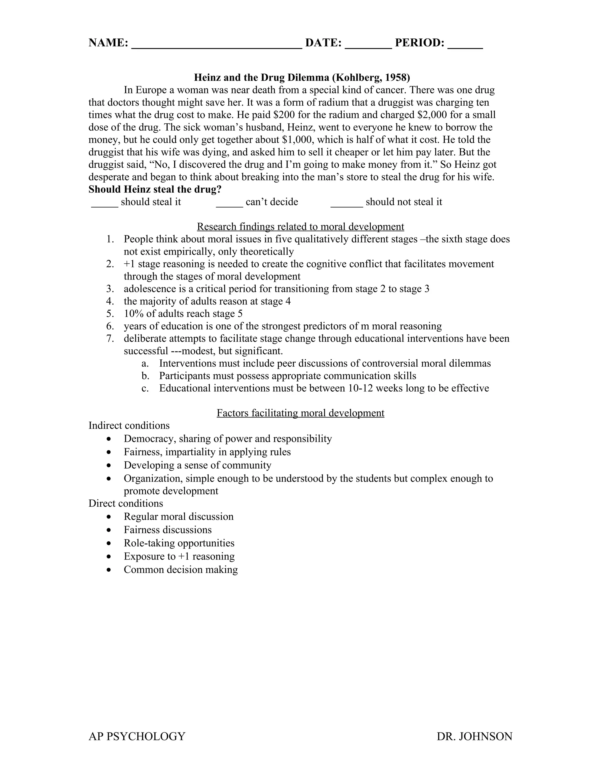 Moral development dilemmas ap psych | PDF