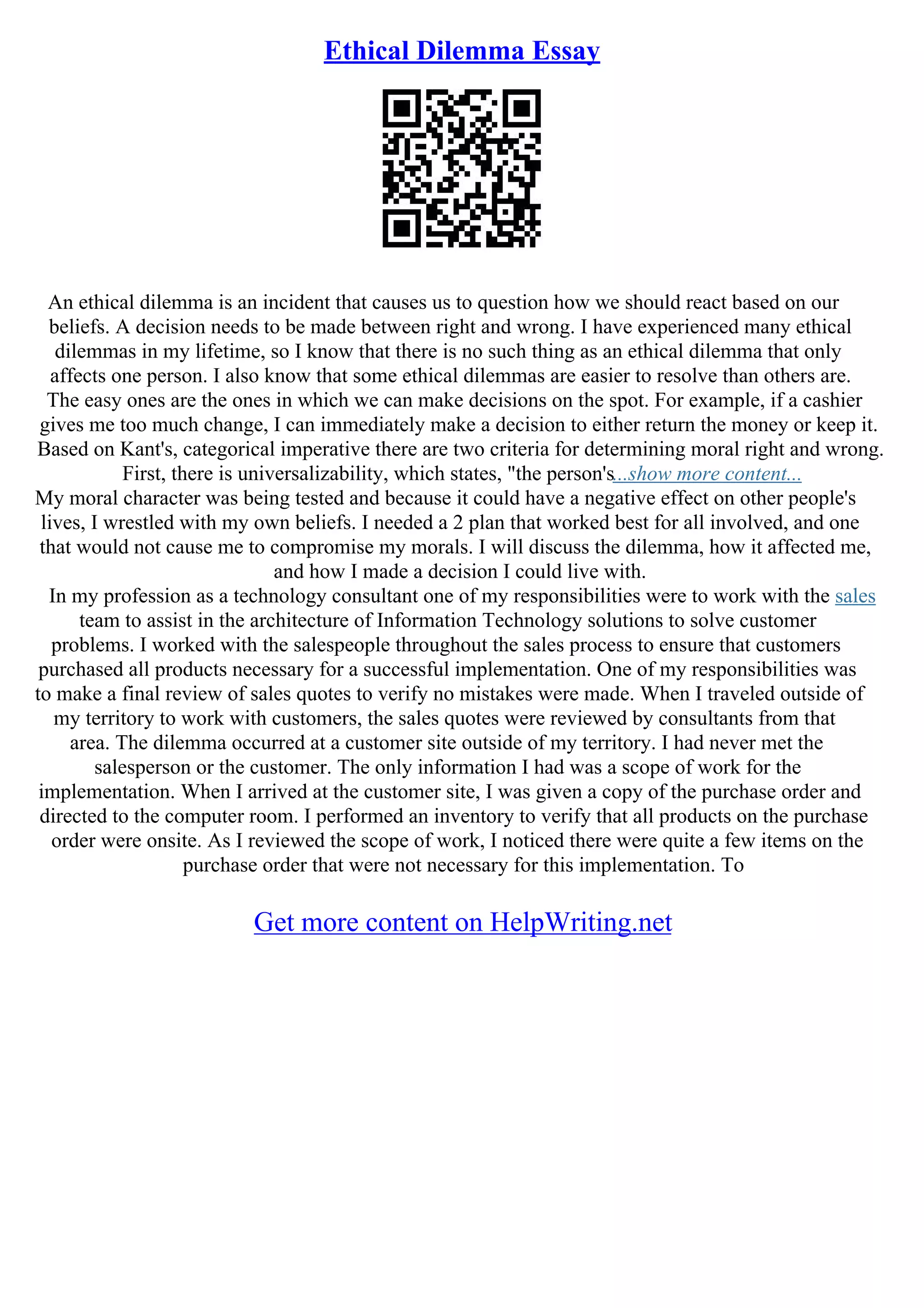 Moral Dilemma Essay | PDF