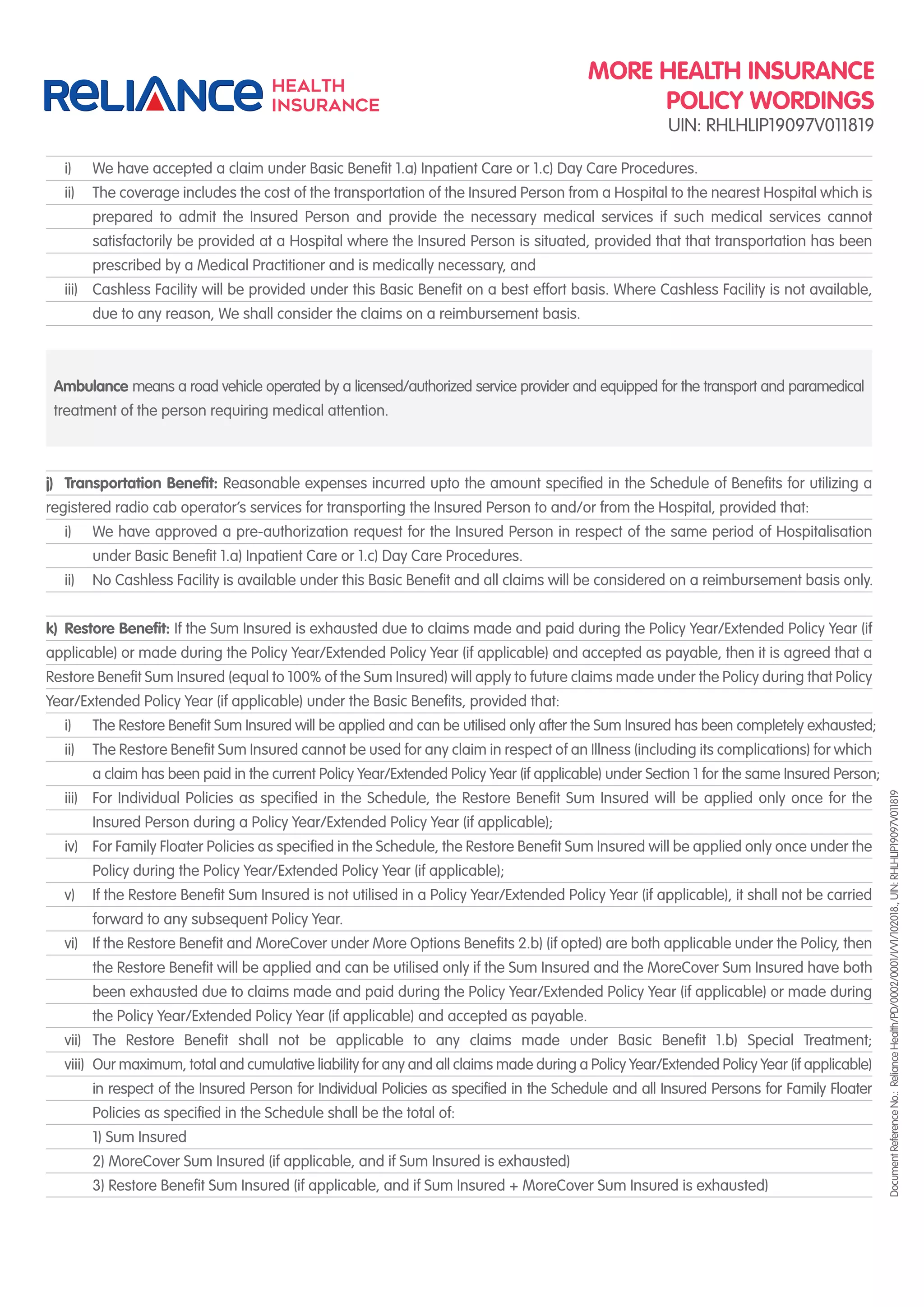 More Health Insurance Policy Wording - Reliance Health Insurance | PDF