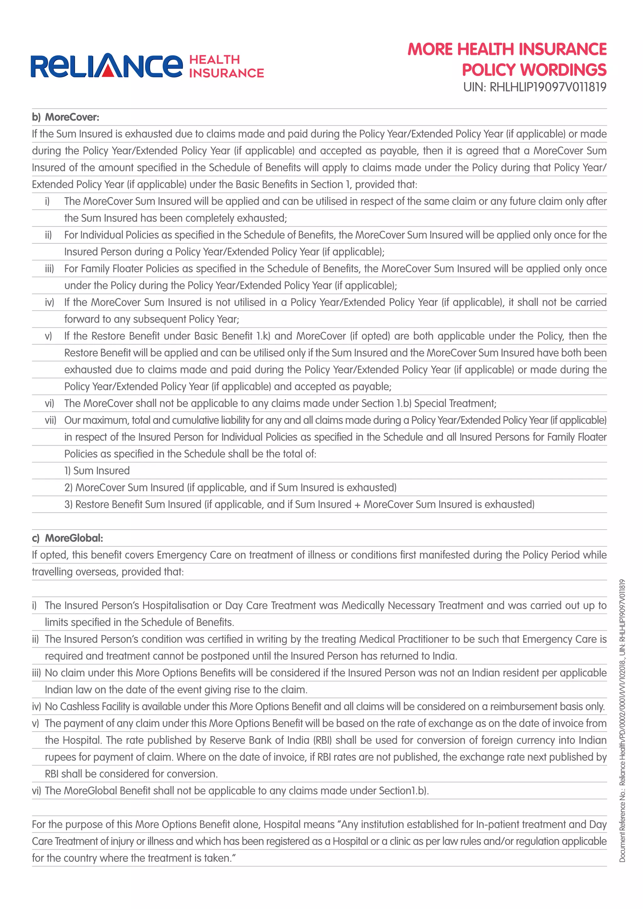 More Health Insurance Policy Wording - Reliance Health Insurance | PDF