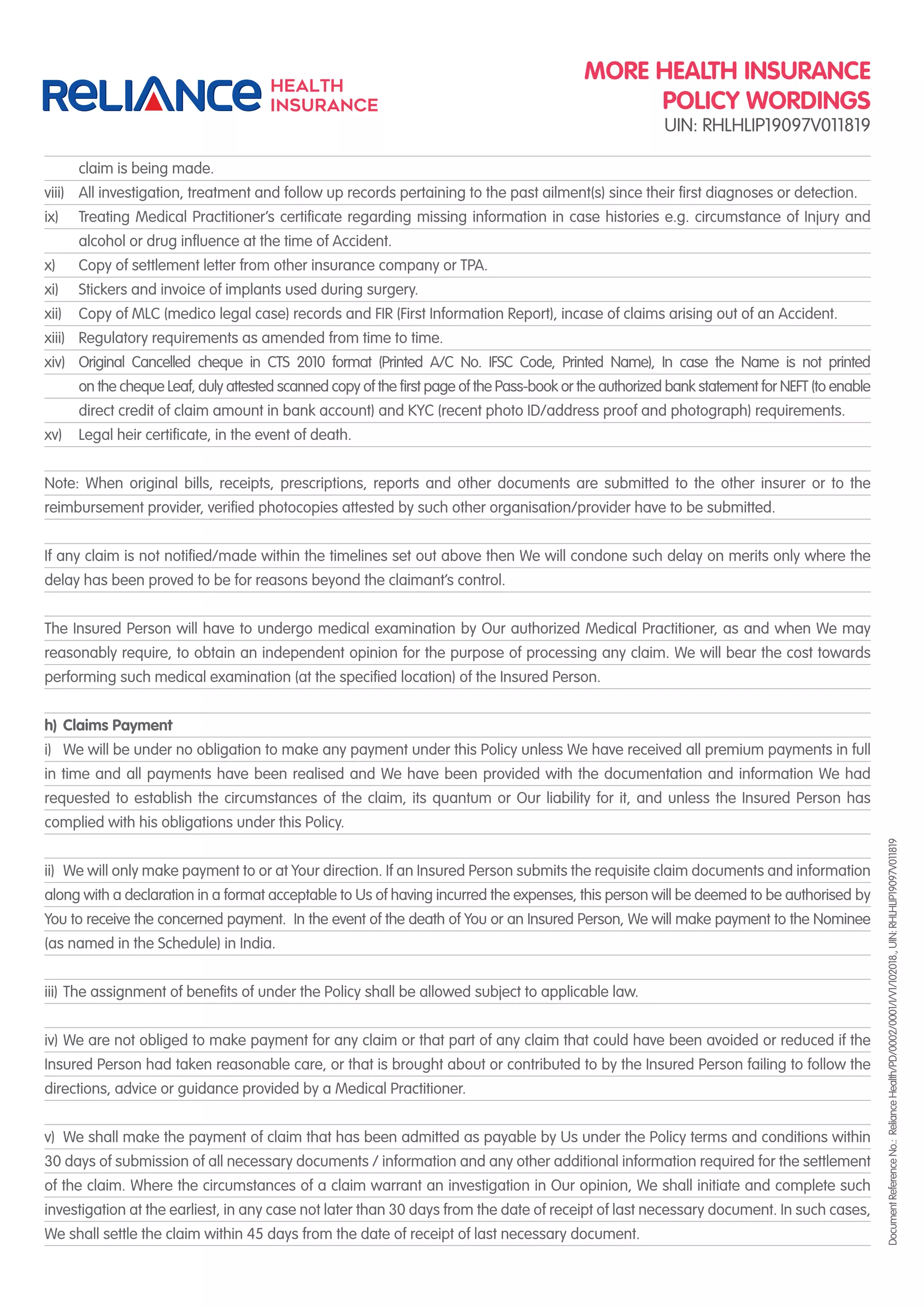 More Health Insurance Policy Wording - Reliance Health Insurance | PDF