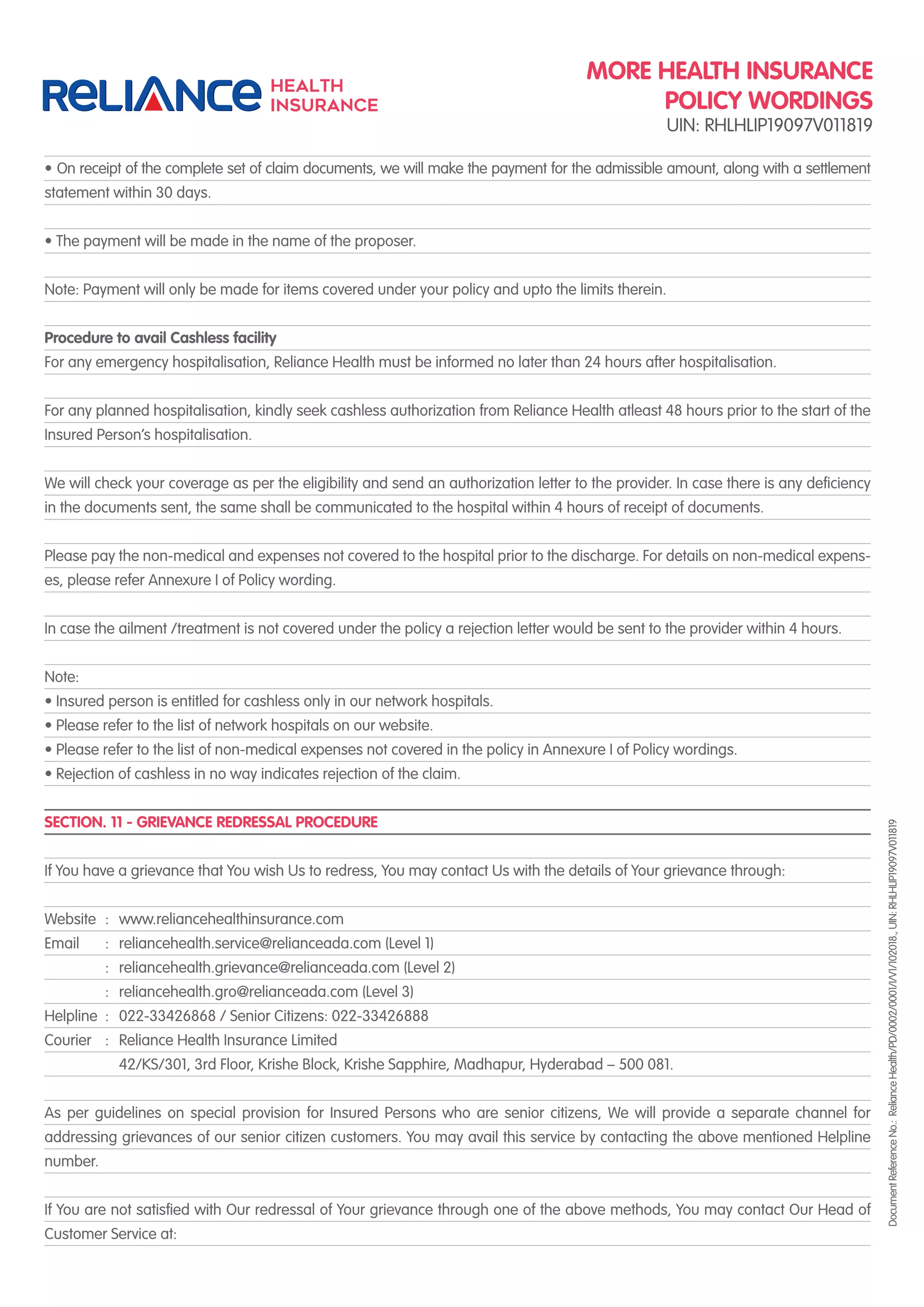 More Health Insurance Policy Wording - Reliance Health Insurance | PDF