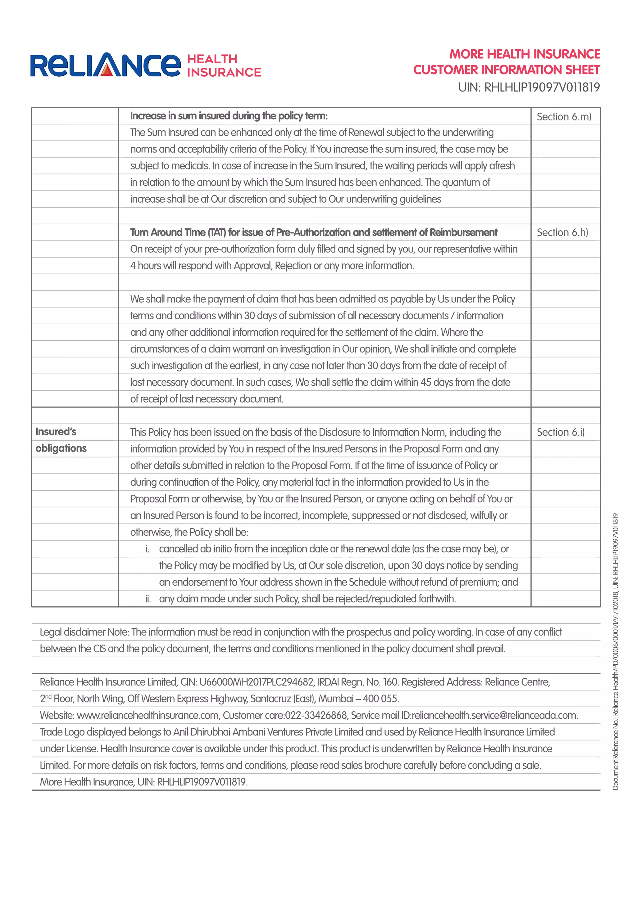 More Health Insurance Policy Wording - Reliance Health Insurance | PDF
