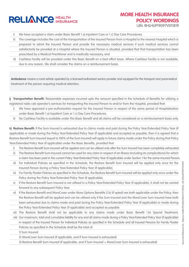 More Health Insurance Policy Wording - Reliance Health Insurance | PDF