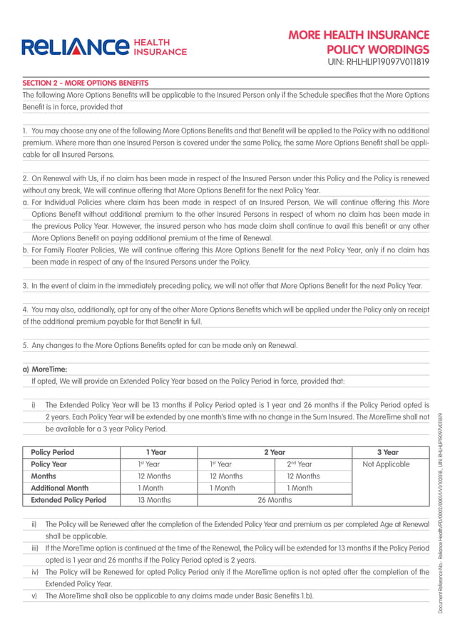 More Health Insurance Policy Wording - Reliance Health Insurance | PDF