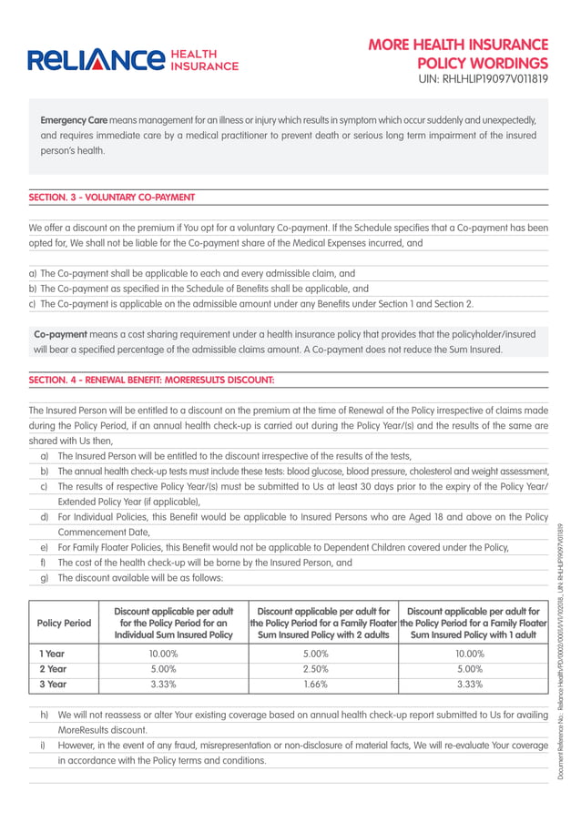 More Health Insurance Policy Wording - Reliance Health Insurance | PDF
