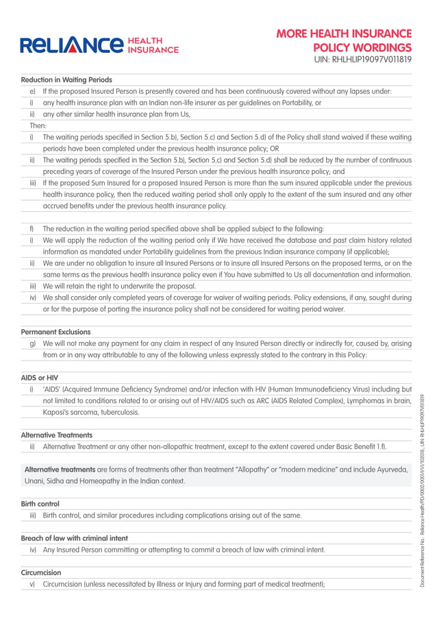 More Health Insurance Policy Wording - Reliance Health Insurance | PDF