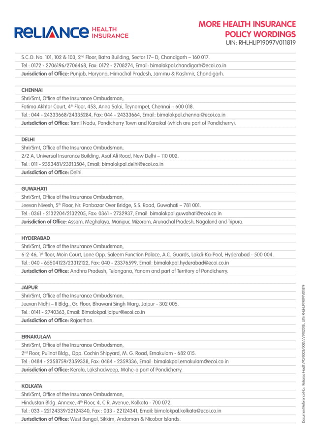 More Health Insurance Policy Wording - Reliance Health Insurance | PDF