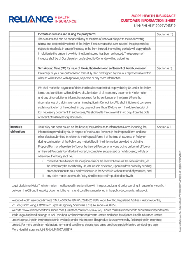 More Health Insurance Policy Wording - Reliance Health Insurance | PDF
