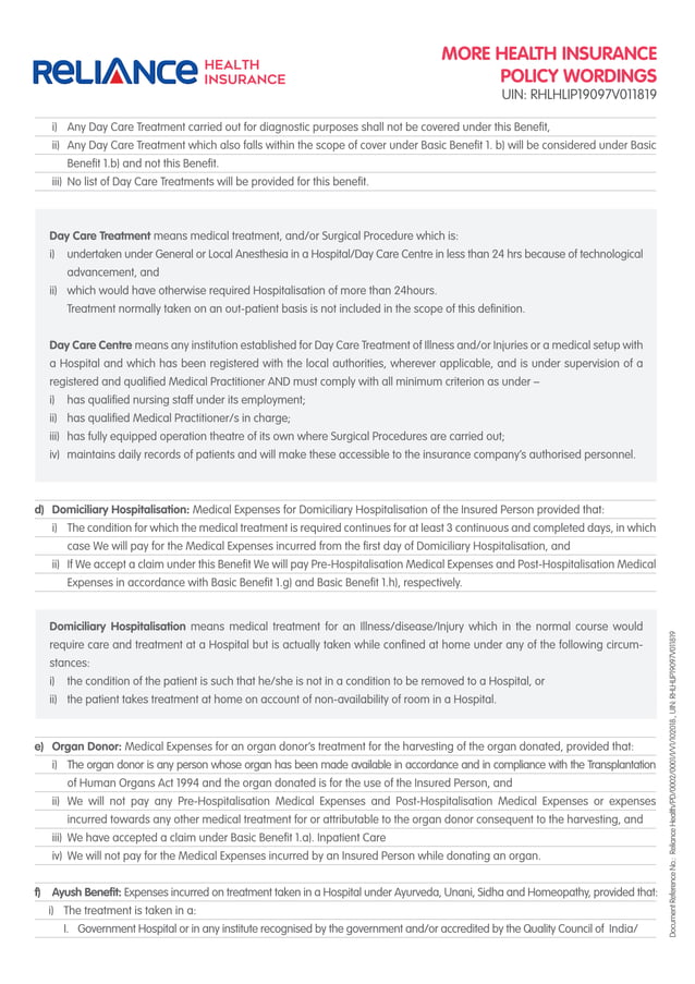 More Health Insurance Policy Wording - Reliance Health Insurance | PDF