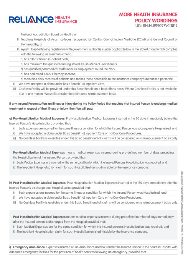 More Health Insurance Policy Wording - Reliance Health Insurance | PDF