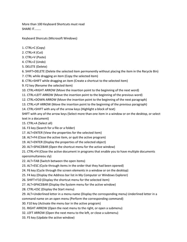 More than 100 keyboard shortcuts | DOCX | Operating Systems | Computer Software and Applications