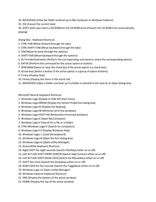More than 100 keyboard shortcuts | DOCX | Operating Systems | Computer Software and Applications