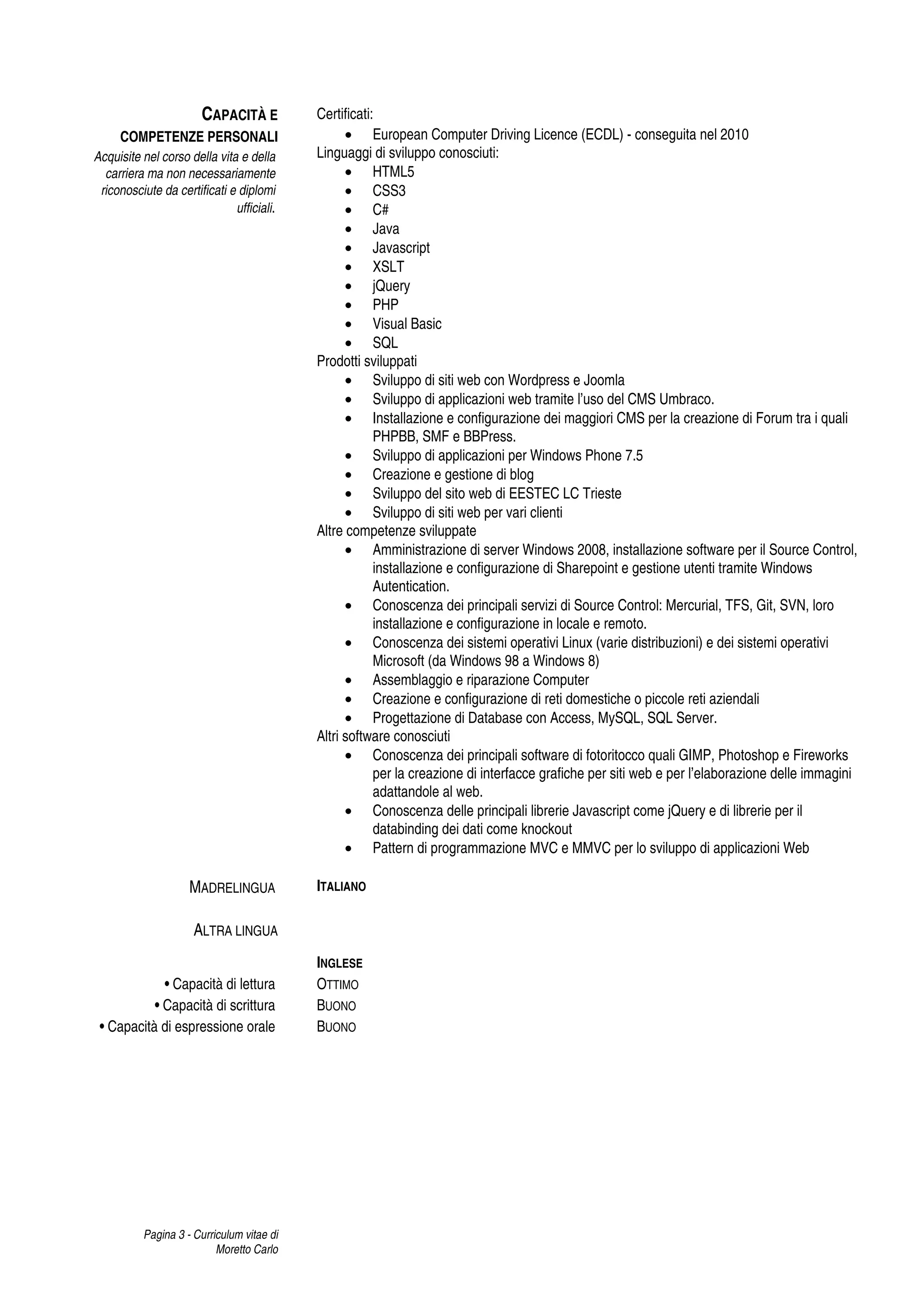 Moretto Carlo Curriculum | PDF