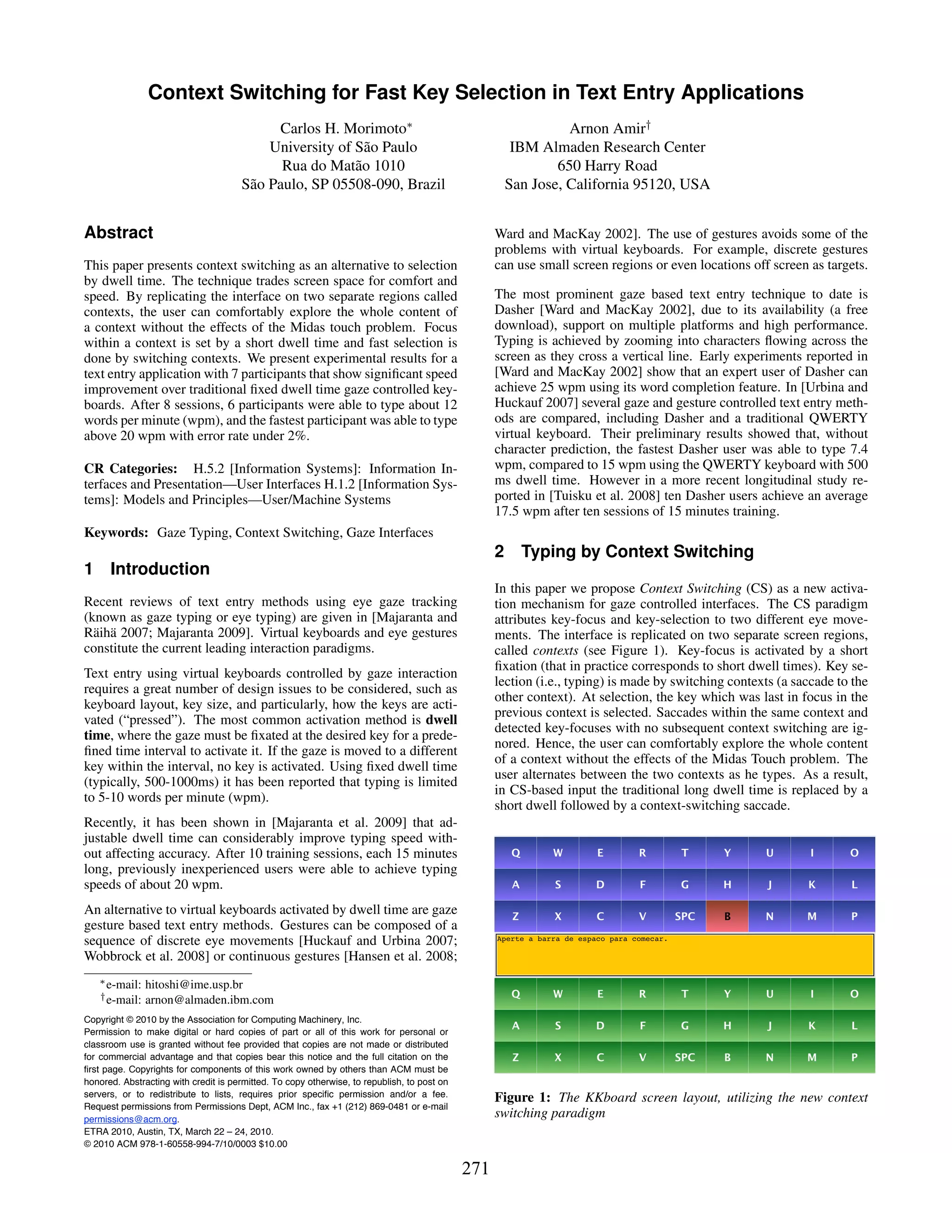 Morimoto Context Switching For Fast Key Selection In Text Entry Applications | PDF