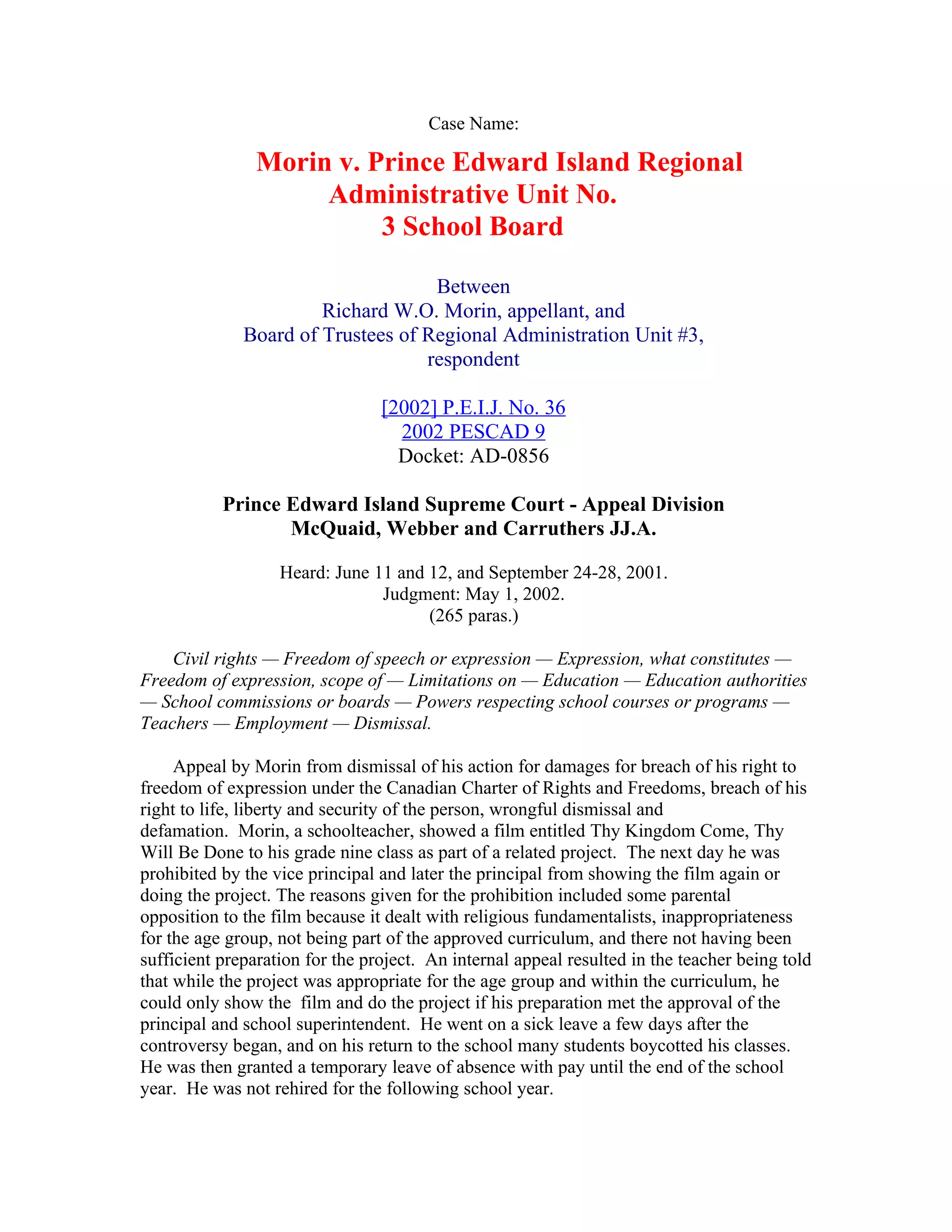 Morin V Prince Edward Island Regional Administrative Unit No 3 School ...