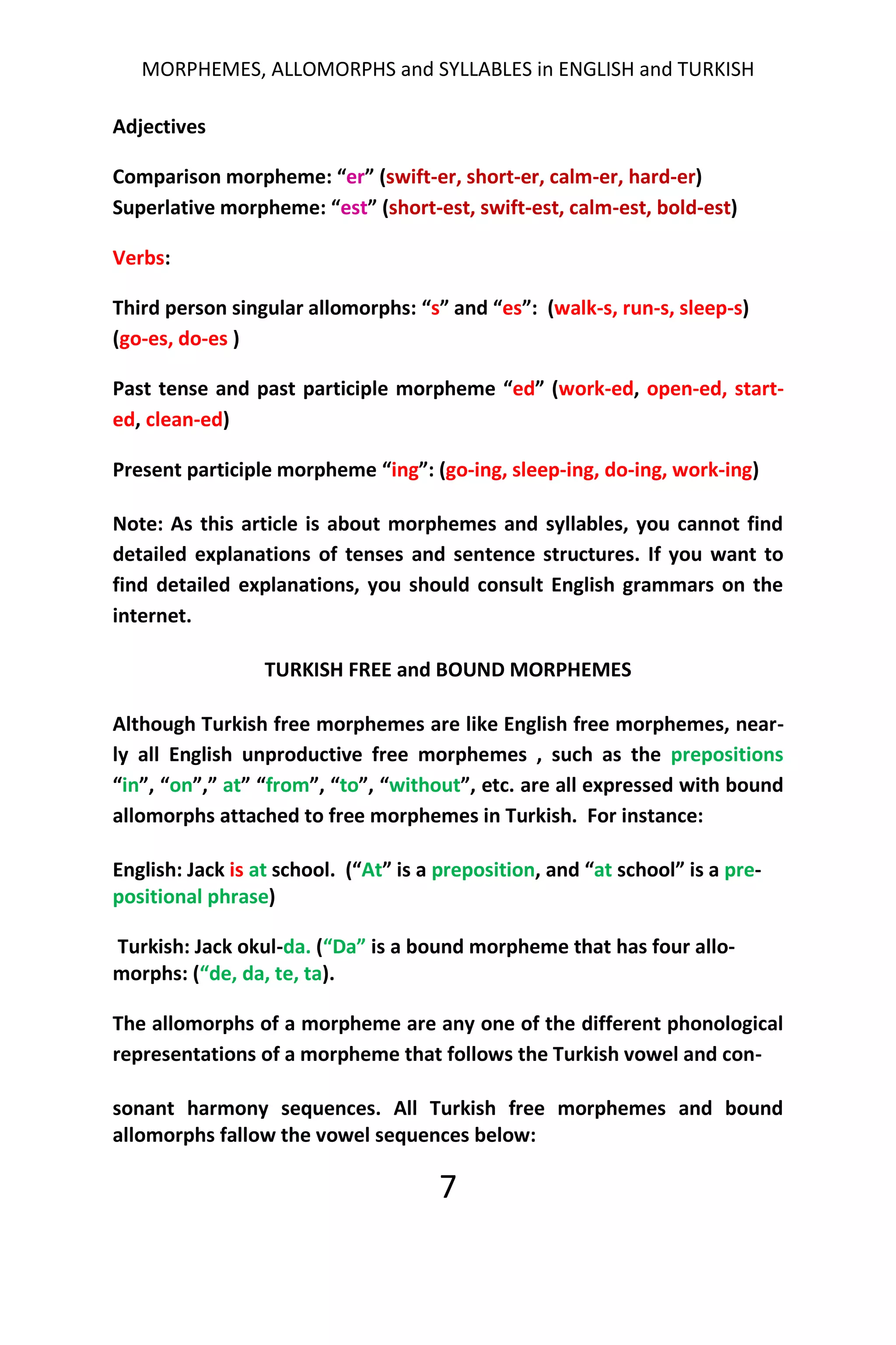 Morphemes , allomorphs and syllables in english and turkish | PDF